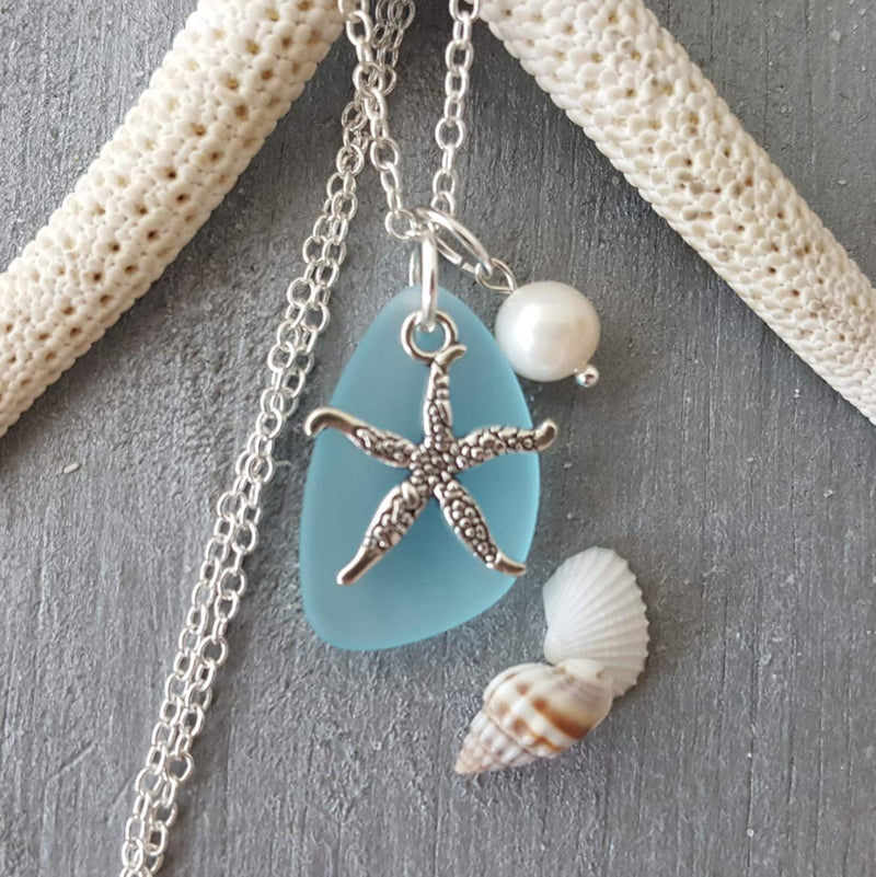 Handmade in Hawaii turquoise bay blue sea glass necklace Huna Wristbands